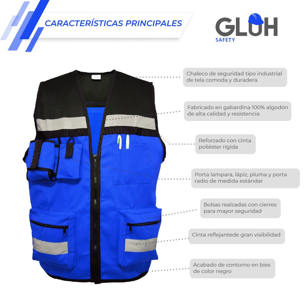 GLUH Internacional | Chaleco Seguridad de Gabardina 100% Algodón "Bicolor" Azul
